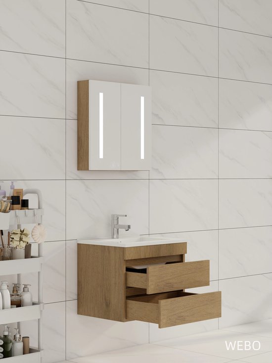 60cm Badmeubel WEBO Paris Compleet Geleverd Eiken inclusief spiegelkast ...