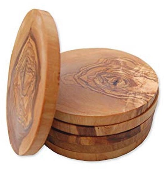 Ronde Onderzetters van Olijfhout - Set van 6 | Ø 12 cm | Uniek en ...