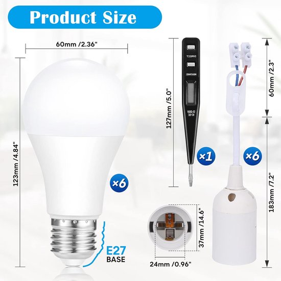 6x E27 Fittingen met Koud Witte LED Lampen (6500K) + Spanningstester ...