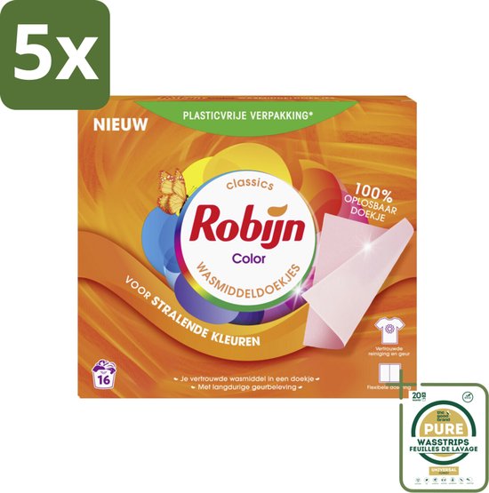 5 x Robijn Classics - Color - Wasmiddeldoekjes - 16 Wasstrips ...
