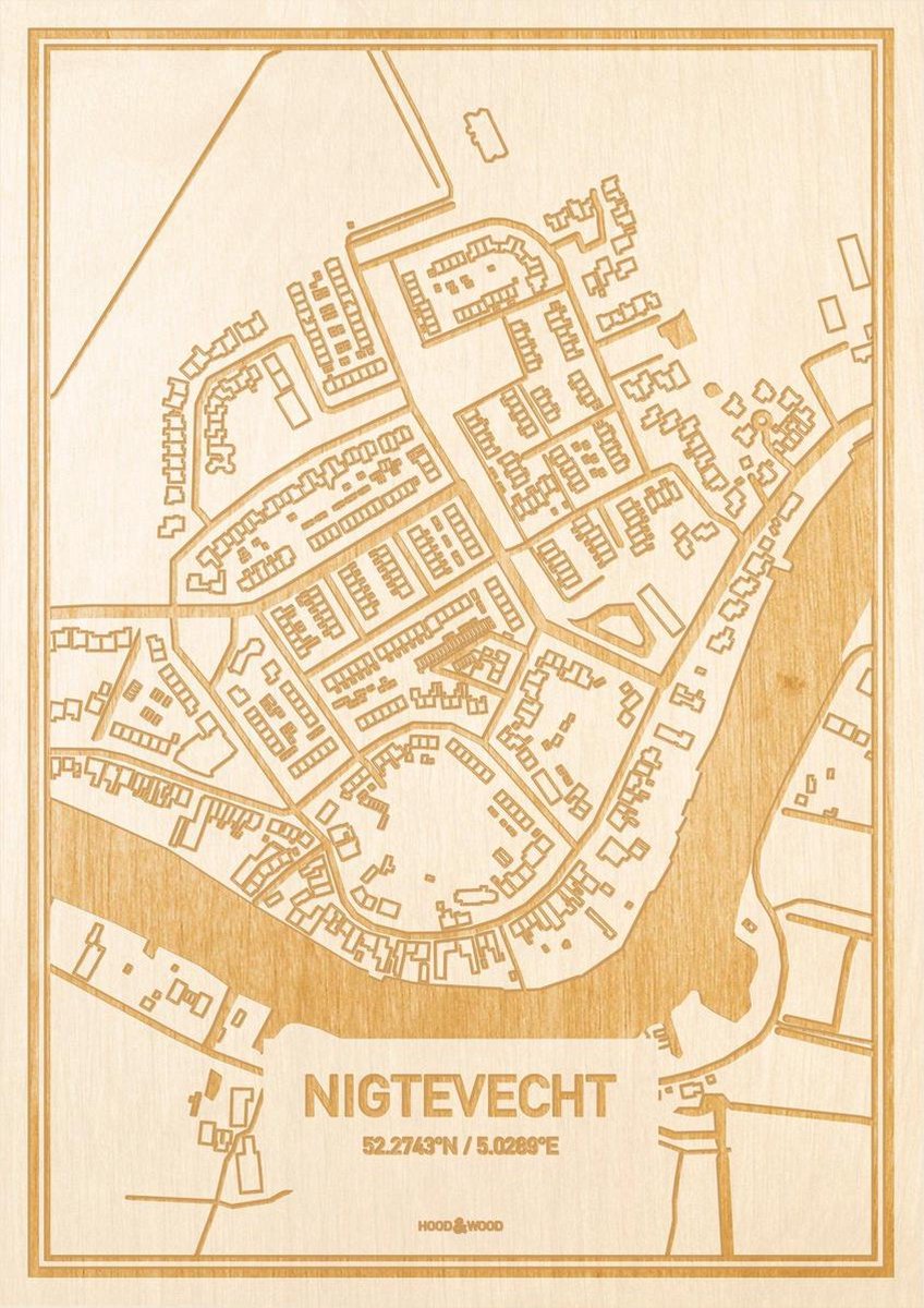 Kaart Nigtevecht - Gegraveerde stadskaart Hood&Wood - Hout, A4 | bol.com