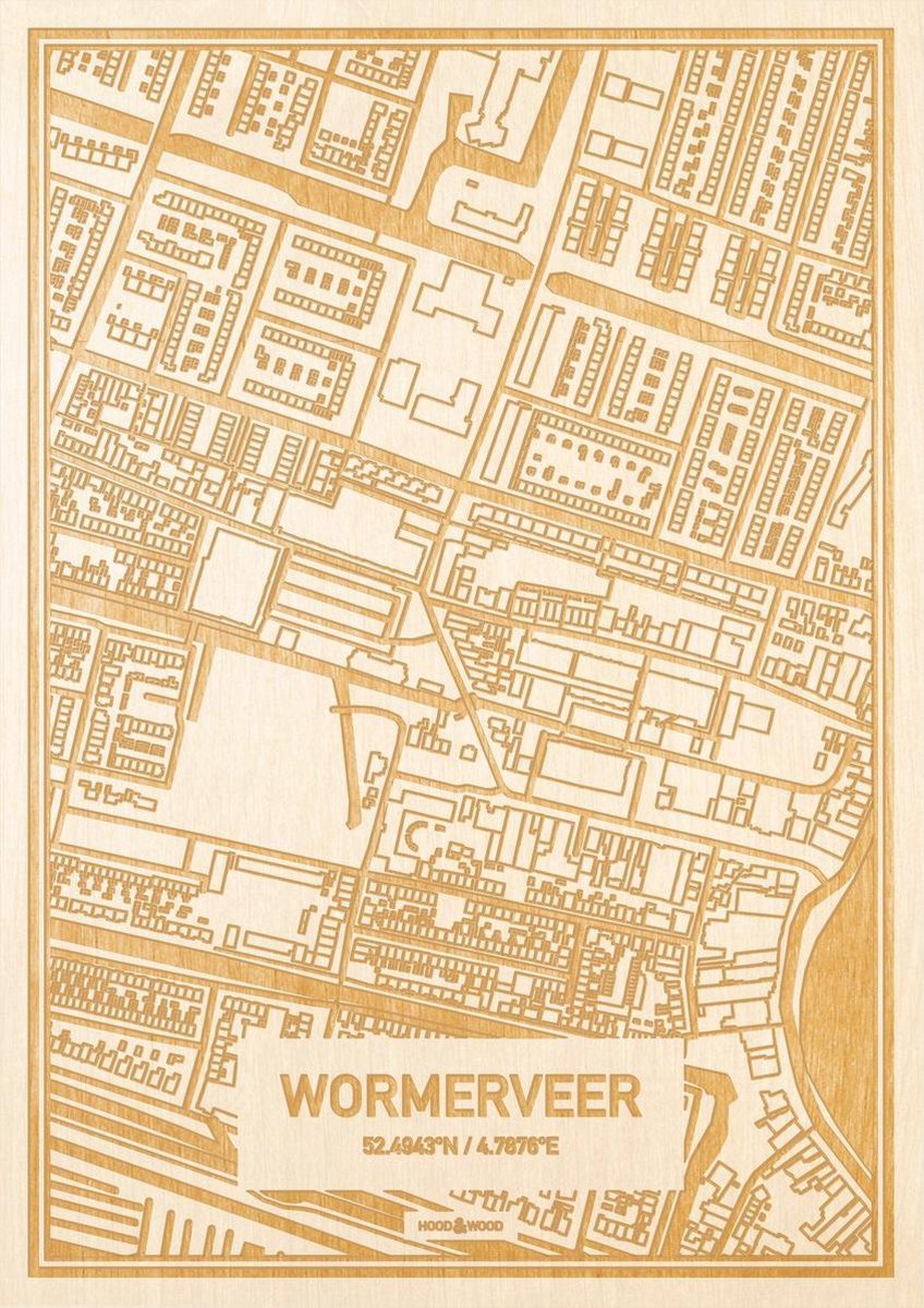 Kaart Wormerveer - Gegraveerde stadskaart Hood&Wood - Hout, A4 | bol.com