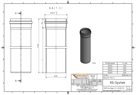 PVC buis, Afvoerbuis 315mm, Rioolbuis, KGEM Rohr SN 4 DN/OD 315 x 1000 ...