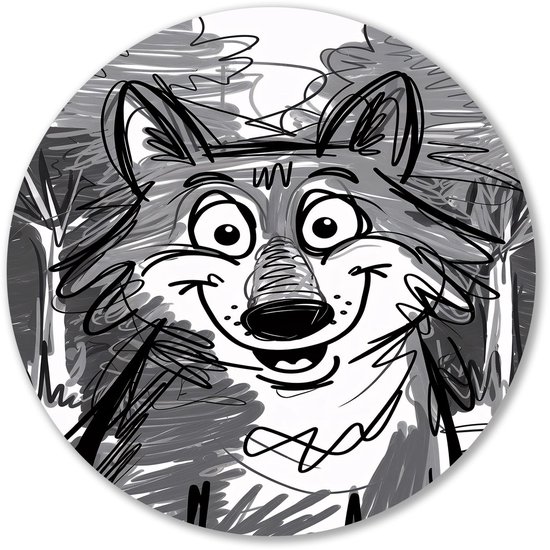 Speelse wolf lijntekening zwart-wit - Wolf muurcirkels - Ronde ...