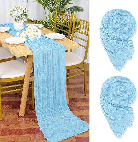 Chemins de table de Luxe en gaze de coton et lin - lot de 2 - bleu bébé - 90 cm x 300 cm | bol