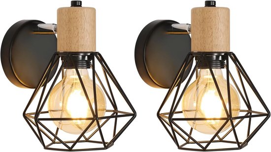 Vintage Wandlamp Zwart Kooi Design met Houten Accent 180° Verstelbaar | bol