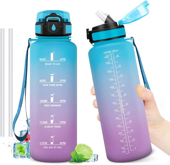 Grote herbruikbare waterfles met rietje en tijdmarkeringen, 1,5 liter ...