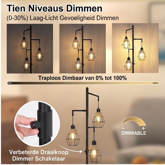 MUPOO Industrieel Vloerlamp Zwart met 3-Lichts - Staande Lamp met 3 ...
