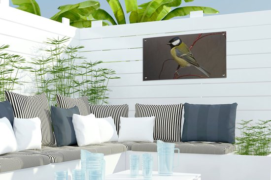 Tuinposter Portret van een koolmees op een rode stengel - 60x30 cm ...