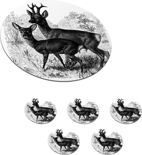 Onderzetters voor glazen - Rond - Een zwart witte tekening van reeën in ...