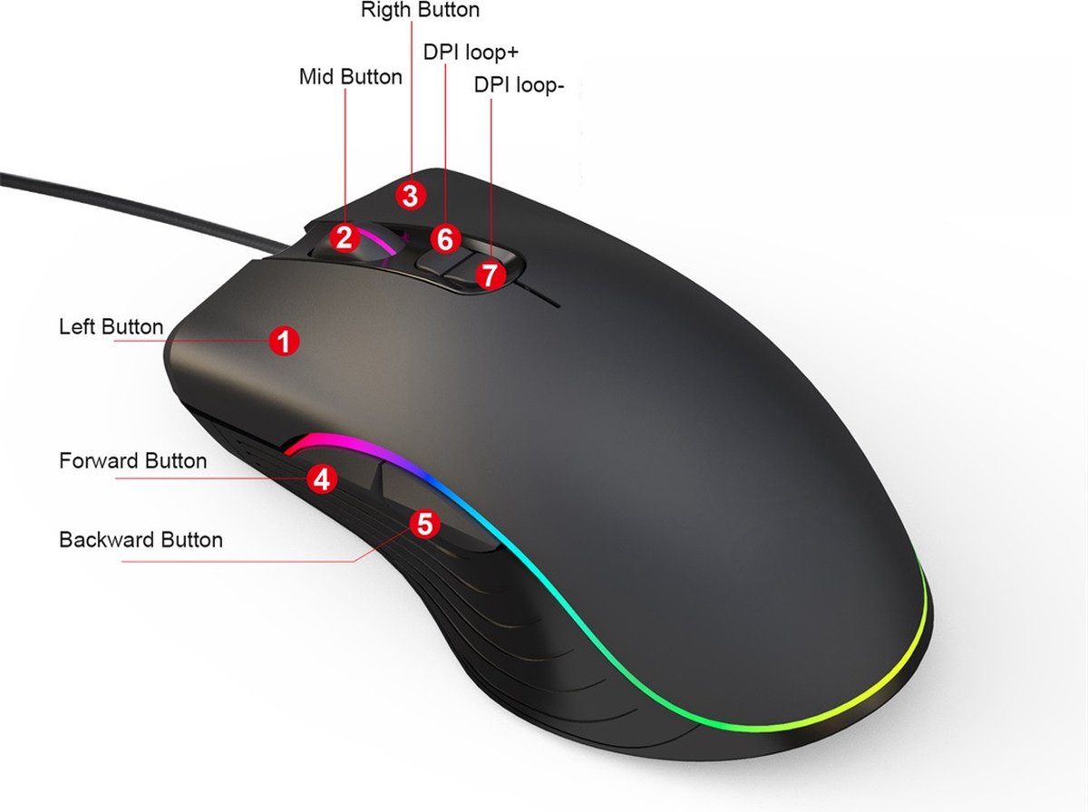 Gaming Muis met 7 knoppen - Game Muis met RGB verlichting & Draad ...