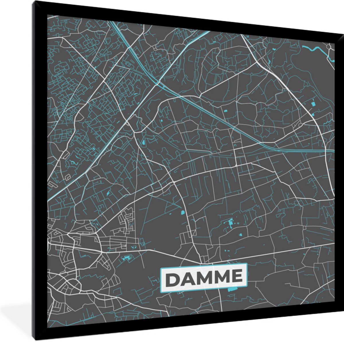 Fotolijst incl. Poster - België – Damme – Stadskaart – Kaart – Blauw ...