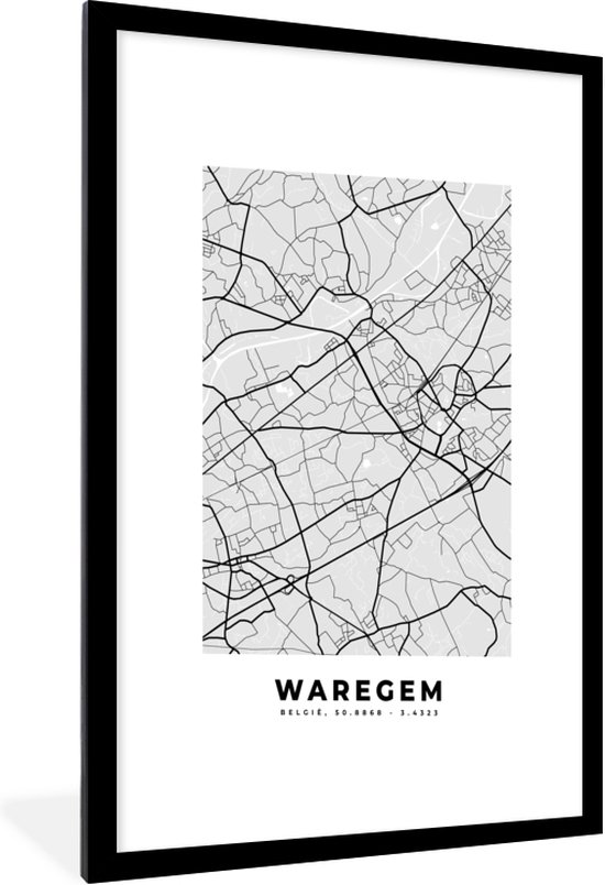 Fotolijst incl. Poster Zwart Wit- België – Waregem – Stadskaart – Kaart ...