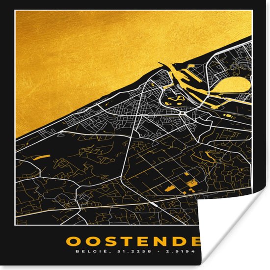 Poster Stadskaart - Oostende - Plattegrond - Goud - Kaart - 30x30 cm ...