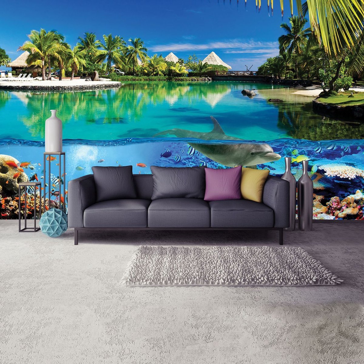 Fotobehang - Vlies Behang - Koraal, Dolfijn en Tropische Vissen in de ...