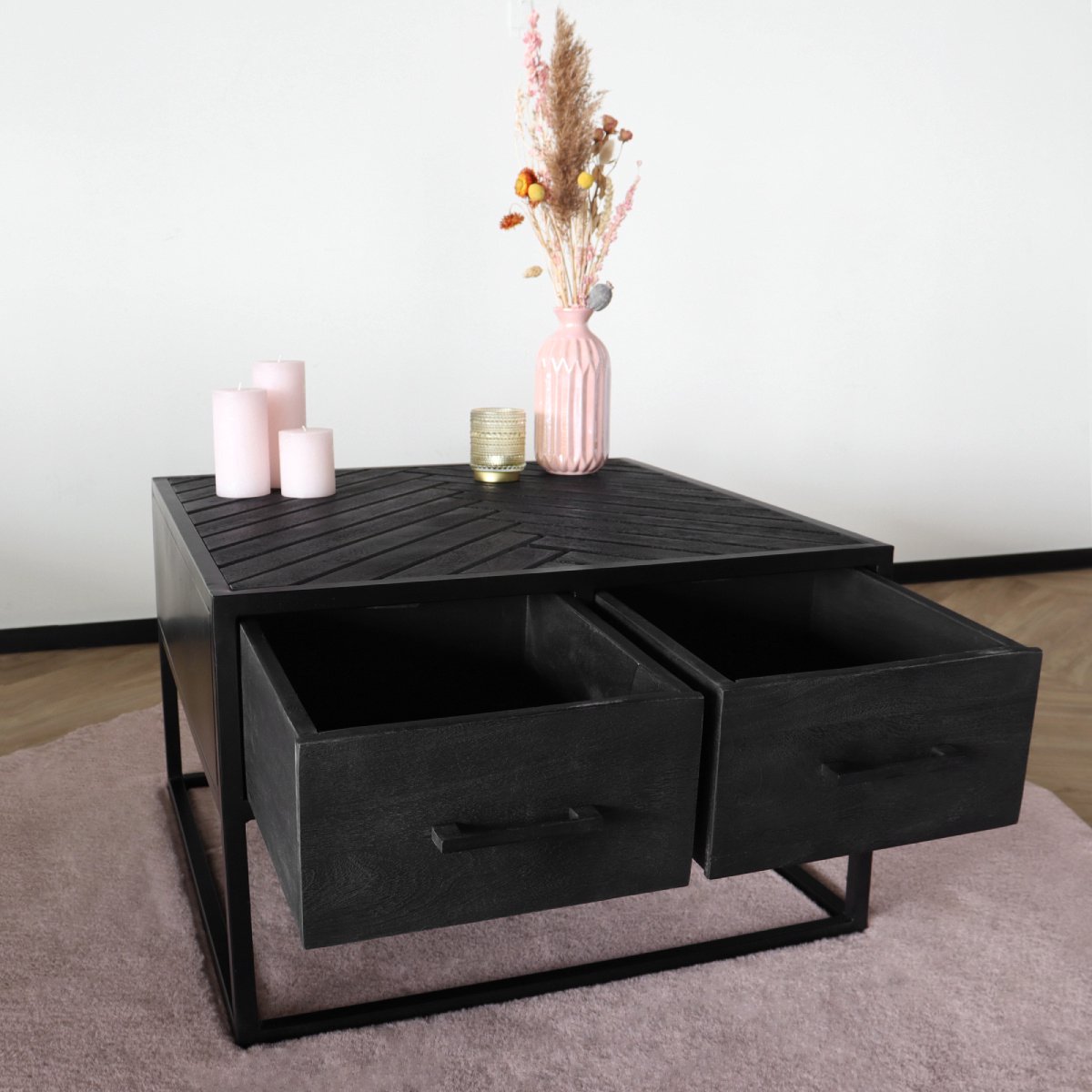 Salontafel industrieel mangohout 70cm Besti zwart visgraat side table 2 ...