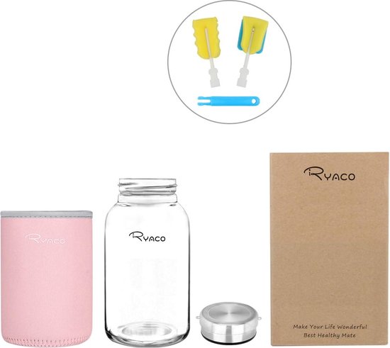Ryaco Classic Gourde en Verres , 800 ml, col large, borosilicate, portable, sans BPA,... | bol