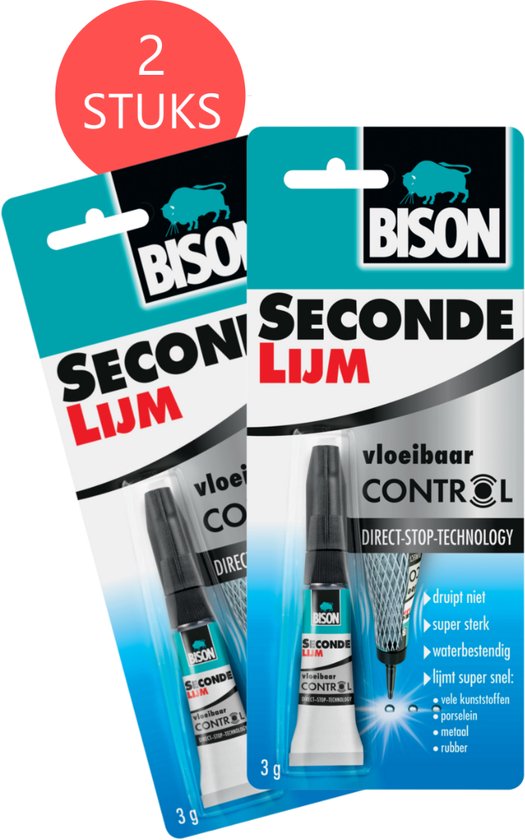 Bison secondelijm vloeibaar control - 2 stuks - druipt niet - waterbestendig - 3 gram | bol