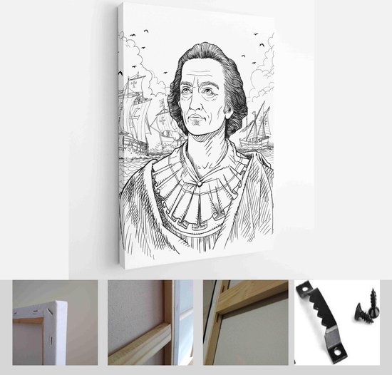 Christopher Columbus (1451-1506) portrait in line art illustration. He ...