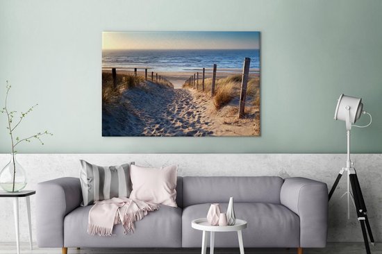 Canvas Woonkamer - Duin - Strand - Zee - Zonsondergang - Gras - Canvas doek - 120x80... | bol.com