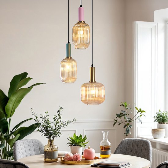3-lichts hanglamp met geribbeld glas - Amelia | bol