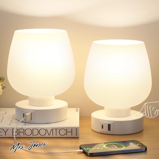 Mrs. Jones Set van 2 touch dimbare bedlampjes van wit glas met USB-C A ...