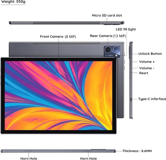 10,1 inch Android tablet met 256 GB opslagcapaciteit, Octa-Core, Dual SIM, 4G LTE en... | bol