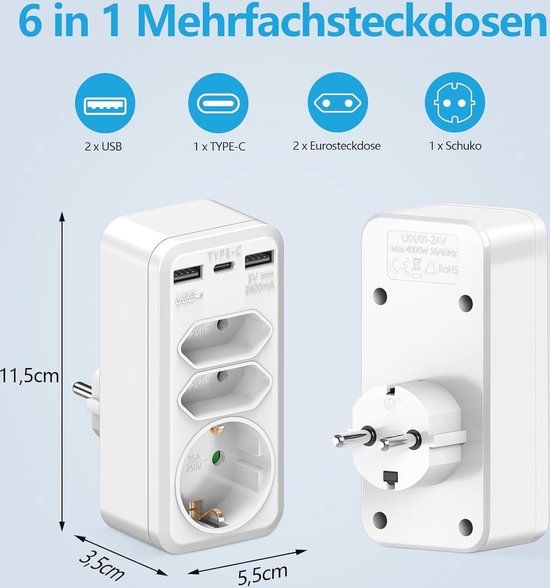 6-in-1 Meervoudig Stopcontact met USB - Adapter voor Europese ...