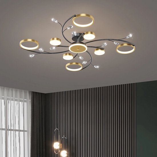 8 Ringen Plafondlamp - Moderne LED Kroonluchter - Goud/Zwart - Dimbaar ...