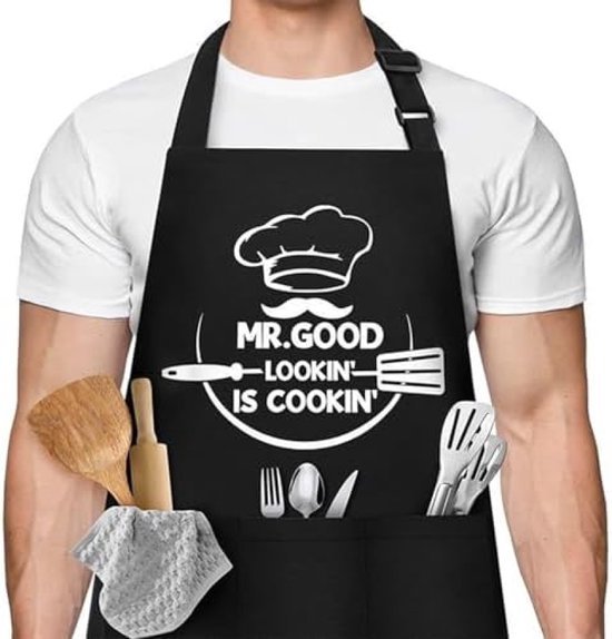 PolkaHome Grillschort voor mannen, kookschort met 3 zakken, verstelbare ...