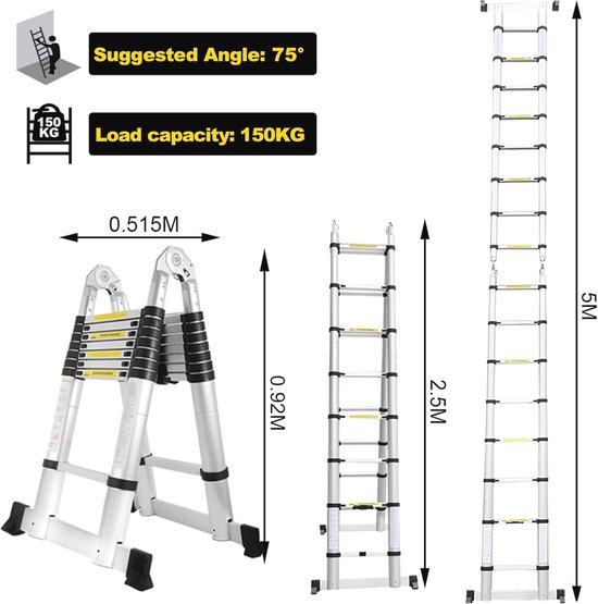 Telescopische Aluminium Ladder 5 Meter - Uitschuifbare Ladder voor ...