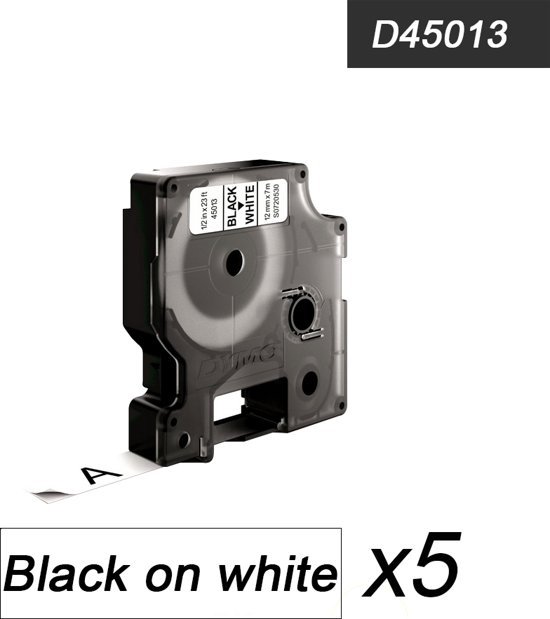 5x Compatible voor Dymo 45013 Standard Label Tape - Zwart op Wit - 12mm ...
