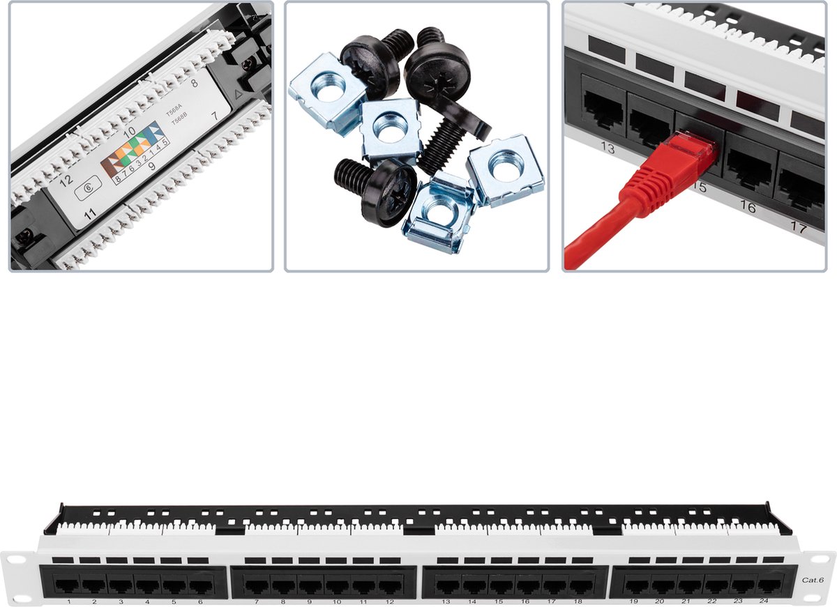 RackMatic - Patchpaneel 24 RJ45 Cat.6 UTP 1U wit met kam | bol.com