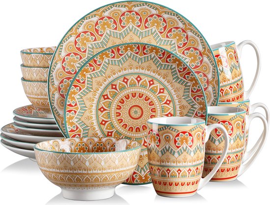 Servies Set - Geel - 16 delige Boheemse Mandala patroon groen ...