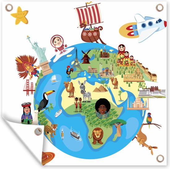 Tuin poster een cartoon kaart van de wereld met symbolen - 200x200 cm ...
