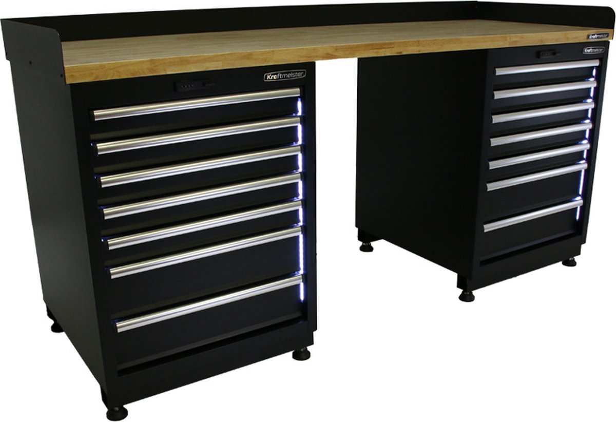 Kraftmeister werkbank 200 cm - Werktafel met 14 laden, led lamp en ...