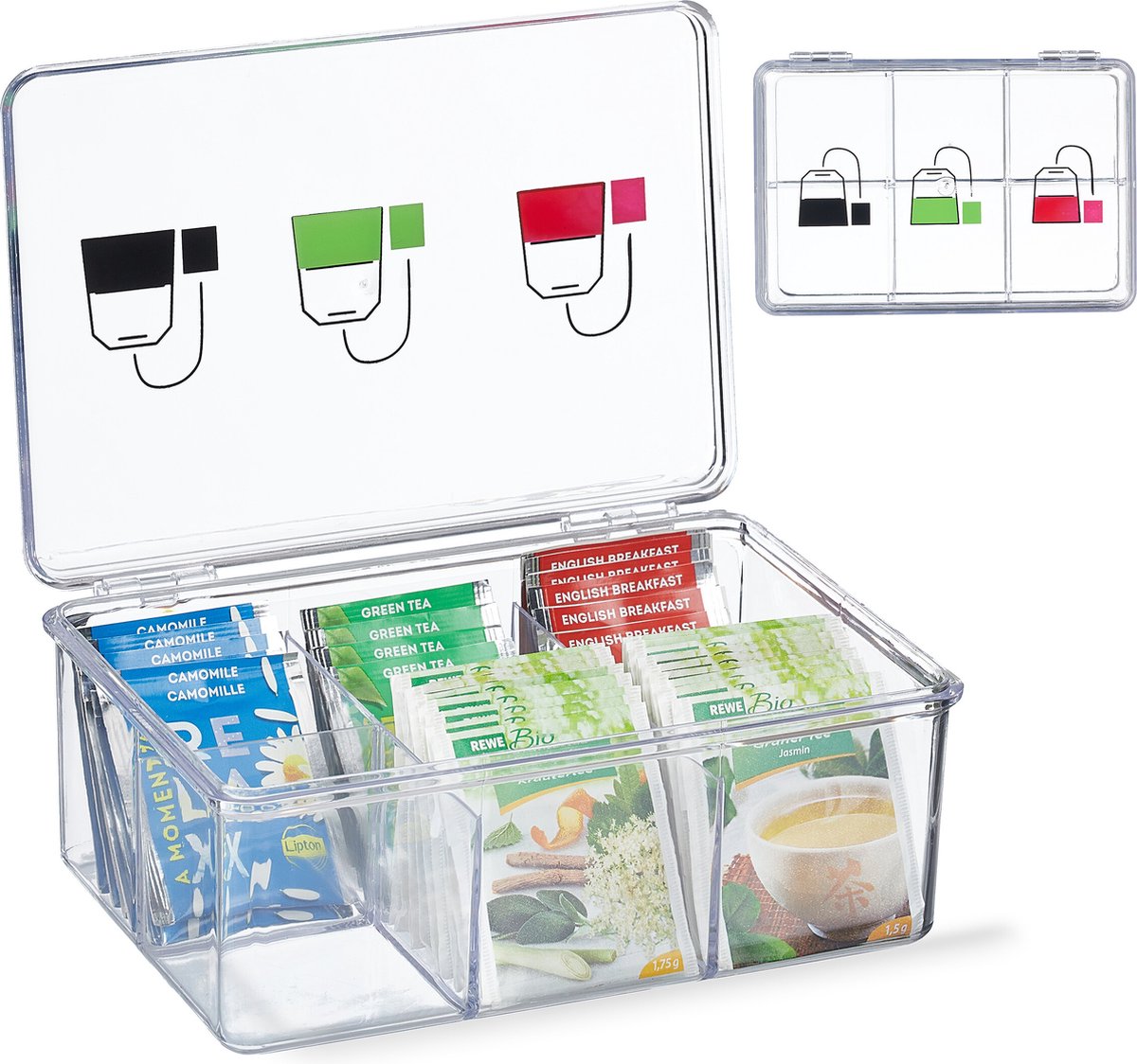 Relaxdays theedoos 6 vaks - transparante theekist - kunststof - thee ...