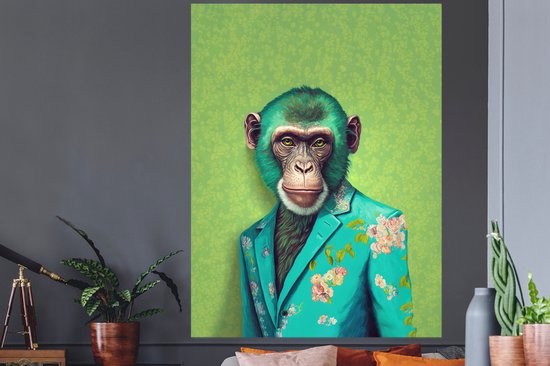 Muurstickers - Sticker Folie - Aap - Colbert - Bloemen - Neon - Portret - 120x160 cm -... | bol