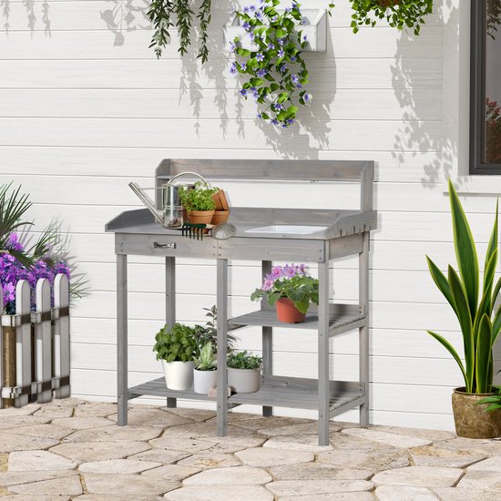 Outsunny Plantentafel met kuip tuiniertafel bloementafel, vurenhout els ...