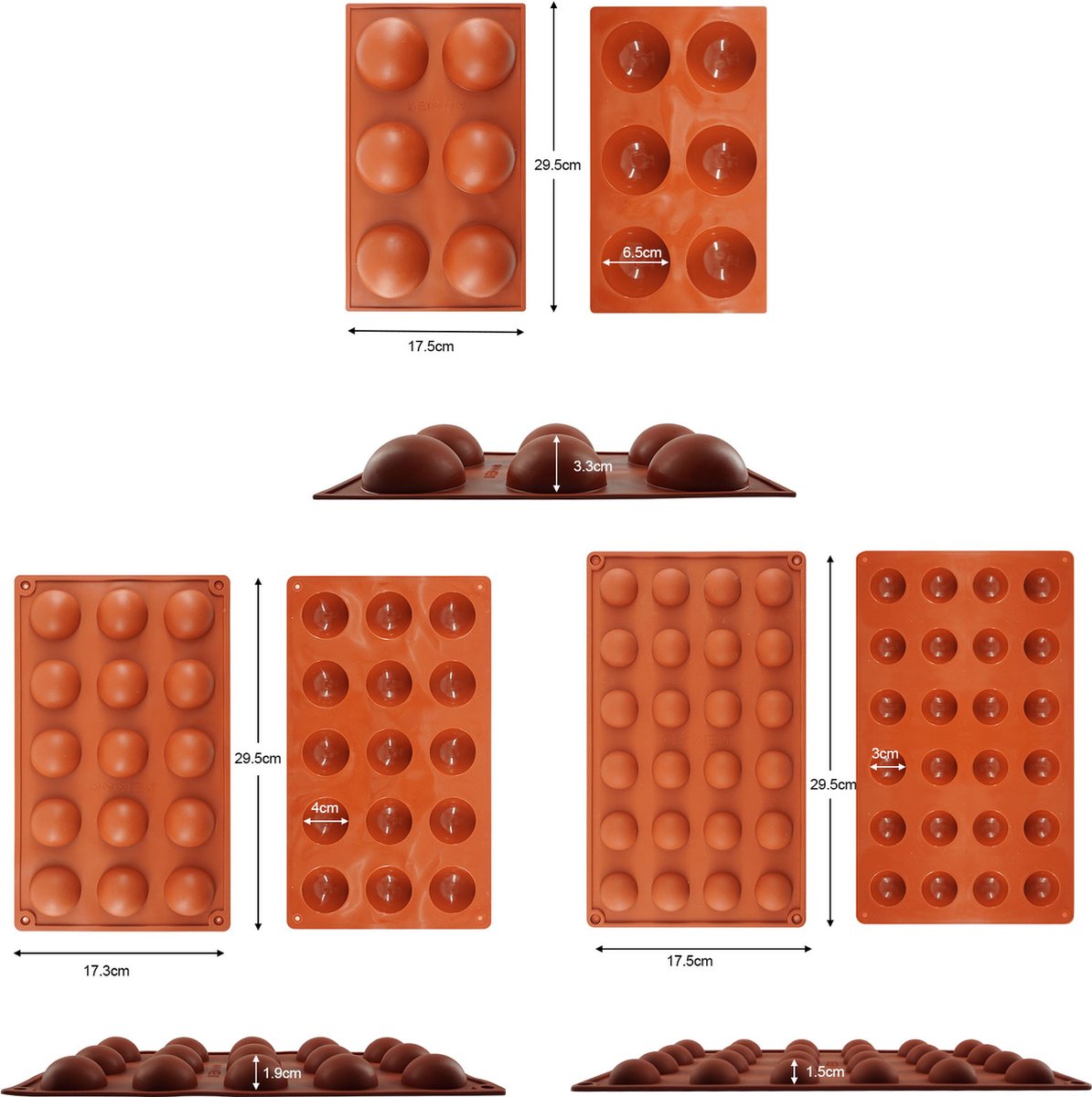 5 Delig - Halve Bol Siliconen Mallen Set - Professionele Cakevorm Set ...