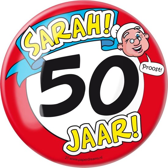 Paperdreams - XL Button - 50 jaar Sarah - Doorsnee 10 cm | bol.com