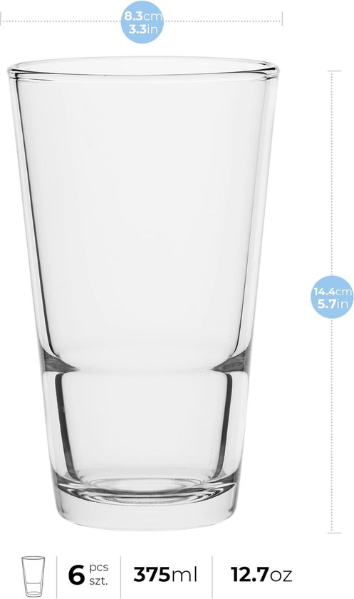 Waterglazen, cocktailglazen, set van 375 ml, set van 6, watersap, bierglas, tumblers,... | bol