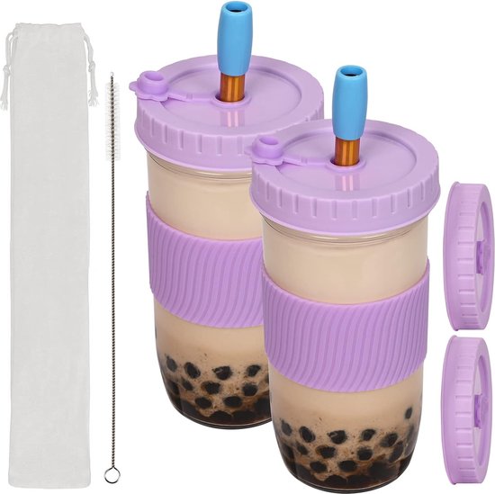 Set of 2 Bubble Tea Cups, 730ml Drinking Glasses with Lid and Straw ...