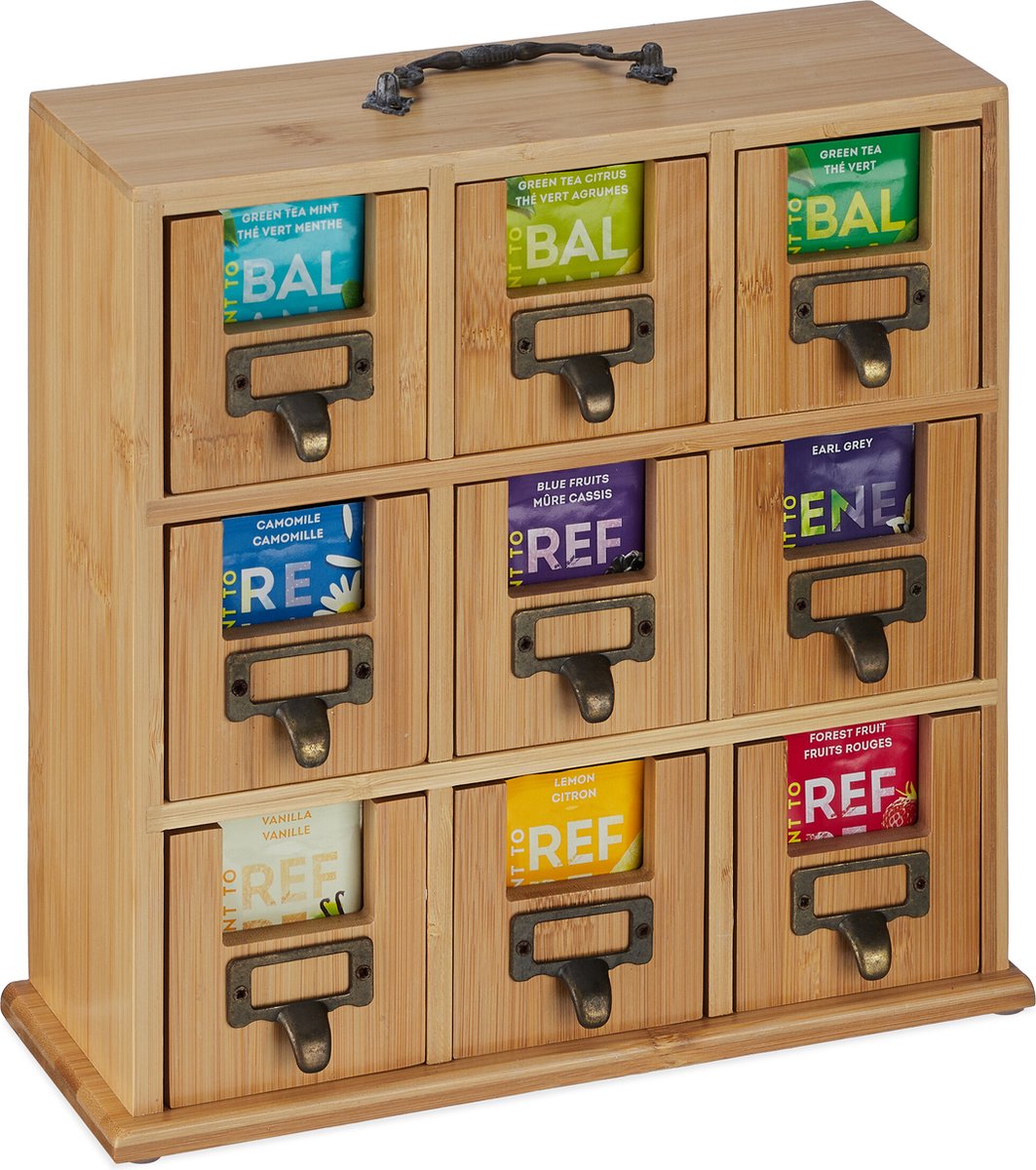 Relaxdays thee organizer - bamboe - 9 vaks - theedoos - staand ...