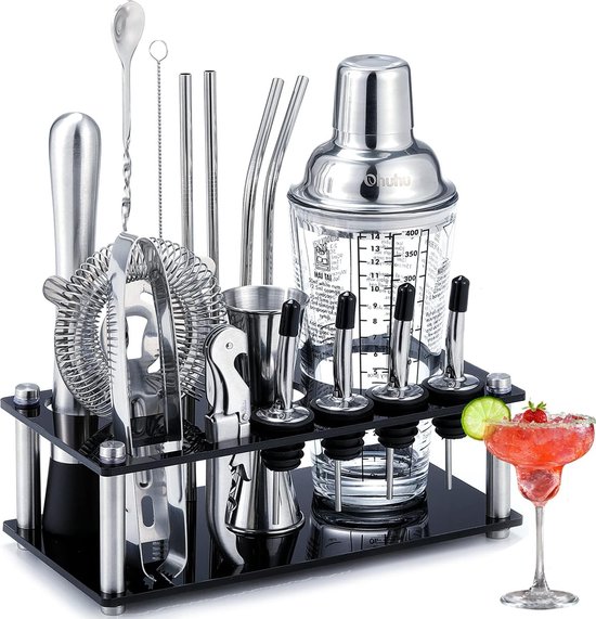 Cocktailset, 17-delige cocktailshaker met standaard, roestvrijstalen ...
