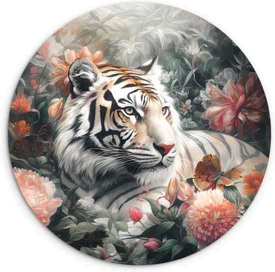 WallCircle - Wandcirkel 150x150 - Tijger - Wilde dieren - Bloemen - Jungle - Ronde... | bol