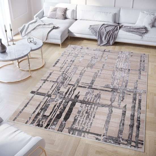 Tapiso Crystal Vloerkleed Beige Grijs 3D Effect Tapijt Maat- 80x150 | bol