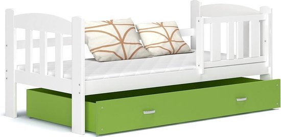 Kinderbed 160x70 cm - wit/groen - met diepe lade - met bedhekken - met ...