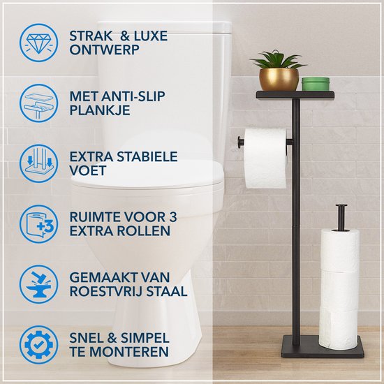 BuyHub WC Rolhouder - 3 in 1 - Staand - Zonder boren - Met plankje ...