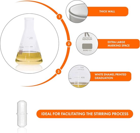 Set - Erlenmeyer Kolf - Magnetische Roerstaaf - 1000 ml ...